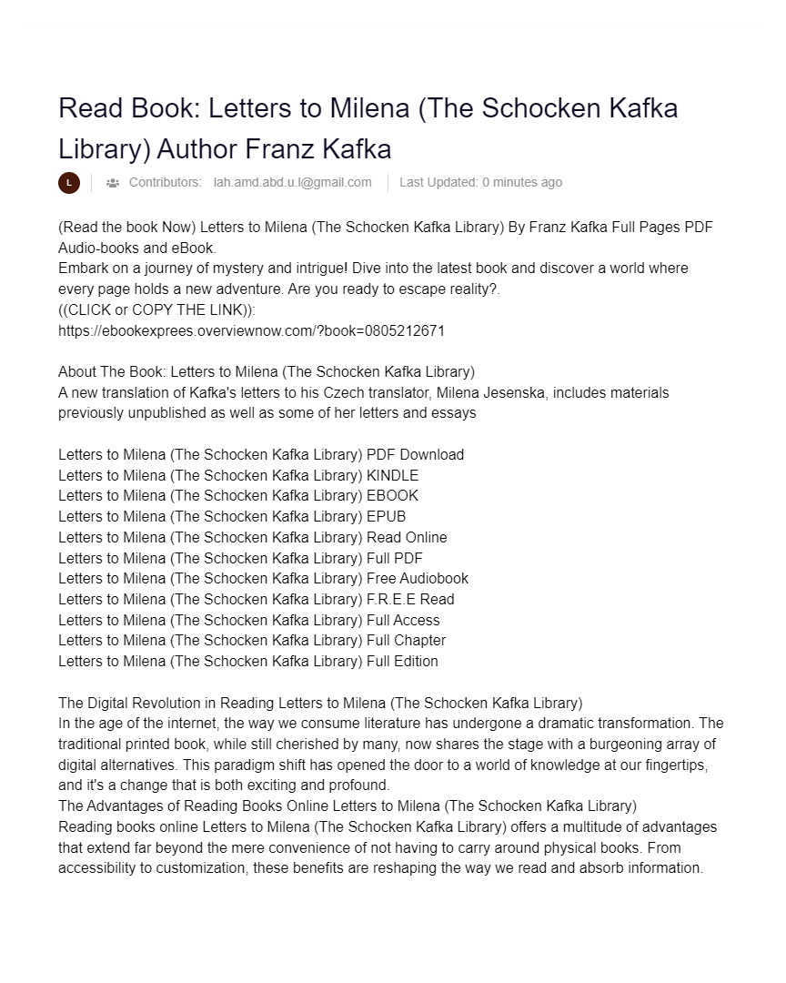 Read Book Letters To Milena The Schocken Kafka Library Author Franz