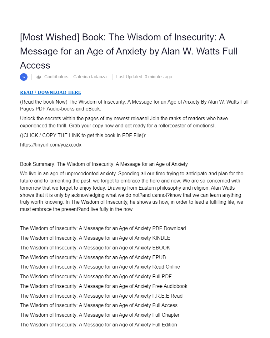 [Most Wished] Book: The Wisdom of Insecurity: A Message for an Age of Anxiety by Alan W. Watts ...